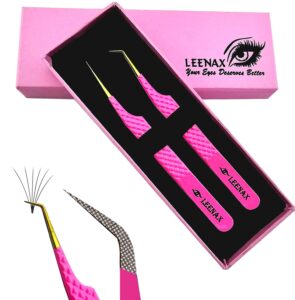 leenax 2 pcs pink stainless steel tweezers for eyelash extensions, eyelash extension tweezers set, volume tweezers, lash extension precision tweezers, extension tweezers.