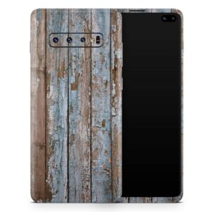 designskinz wood planks with peeled blue paint protective vinyl decal wrap skin cover compatible with the samsung galaxy s20 (screen trim & back glass skin)