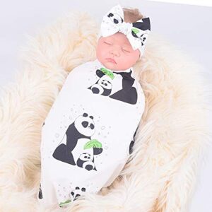 qteclor newborn receiving blanket headband set - unisex soft baby swaddle girl boy gifts (blanket-panda)