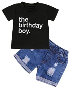 viworld the birthday boy clothes baby boy short sleeve letter print shirt denim short pants cake smash outfit set (black, 12-18 months)