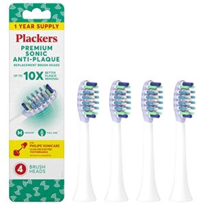 plackers premium sonic anti-plaque replacement brush heads, fits philips sonicare click-on electric toothbrushes, 1 year supply, blue, 4 count