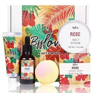 spa gifts for women, gift set, self care kit, birthday gifts, 5pc rose bath sets include massage oil, bath bomb, salt scrub, soap, hand cream, christmas gifts for mom