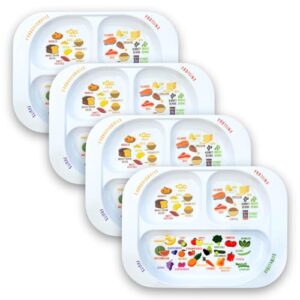 j&m divided portion plate (4 pack), sections for kids & fussy eaters, learn nutrition, healthy eating, food groups & portion sizes, child-friendly melamine, dishwasher-safe