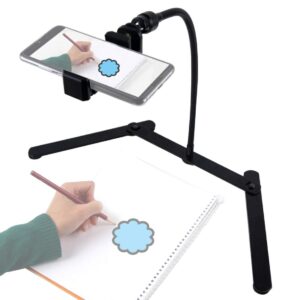 ajustable tripod with cellphone holder, overhead phone mount, table top teaching online stand for live streaming and online video and food crafting demo drawing sketching recording