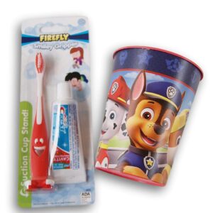 care & cleaning pup patrol tooth brushing kit - toothbrush, toothpaste, and rinsing cup