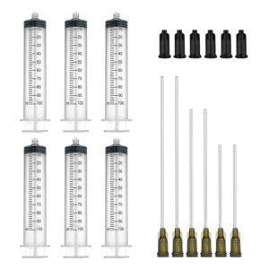 6 pack 100ml syringes with 14g 4.0" 3.0'' 2.0" blunt tip needles and storage caps(luer lock), plastic reusable syringe for glue applicator, oil dispensing multiple uses