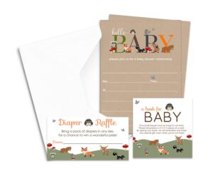 paper clever party woodland invitation kit for baby shower, set includes blank invites with envelopes, diaper raffle tickets and bring a book cards, 25 of each design