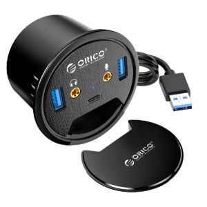 orico desk grommet usb 3.0 hub with 2 type-a 1 type-c port, mic & audio jack, 4.9ft long cord for diameter 60mm hole, desktop cable organizer, home office pc accessories