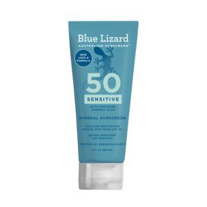 blue lizard sensitive mineral sunscreen with zinc oxide, spf 50+, water resistant, uva/uvb protection with smart cap technology - fragrance free, 3 oz. tube