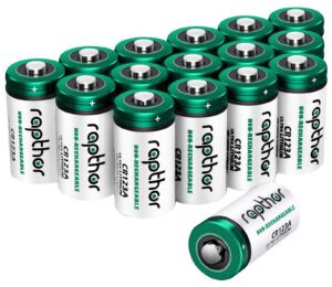 rapthor cr123a 3v lithium batteries cr17345 16 pack 1650mah high power 123a 10 year shelf life non-rechargeable cr123 photo battery 123 for flashlight toys alarm system microphones (not for arlo)