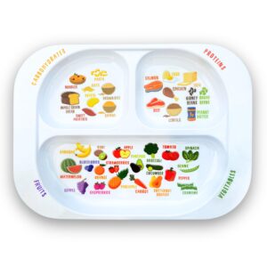 j&m divided portion plate, sections for kids & fussy eaters, learn nutrition, healthy eating, food groups & portion sizes, child-friendly melamine, dishwasher-safe