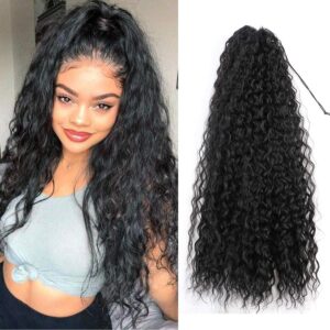 30inch long corn curly wave drawstring ponytail synthetic high puff hair pieces with comb black wavy clip in extensions (1b)