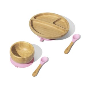 avanchy toddler baby feeding suction plate, bowl, spoons set, soft tip silicone spoon babies set, divided bamboo stay put plates, fits most eating highchairs, pink