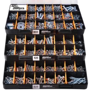 hongway 2000pcs hardware assortment kit, nuts and bolts assortment kit with 64 sizes bolts, nuts & washers assortment and metal & wood screw organizer (3 trays)