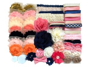 bowtique emilee navy and peach hairband kit - makes 30 headbands, baby shower headband station, diy headband kit with over 30 flowers, elastic, embellishments - 1 count