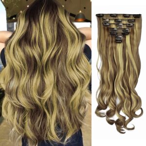 feshfen clip in hair extensions 7 pcs blonde highlighted medium brown long curly wavy synthetic balayage clip in hair extension full head hairpiece for women girls, 20 inch