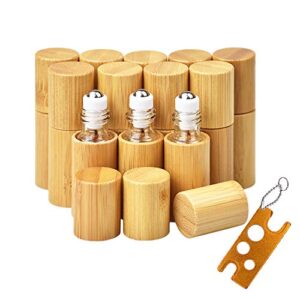 auhoky 12pcs 5ml bamboo roll on bottles for essential oils, portable massage oil bottle with stainless steel roller ball, reusable travel perfumes sample lip gloss container (1 opener)