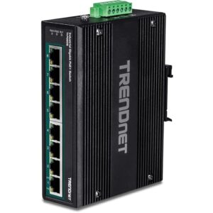 trendnet 8-port hardened industrial unmanaged gigabit 10/100/1000mbps din-rail switch w/ 8 x gigabit poe+ ports, ti-pg80b, 24 – 56v dc power inputs with overload protection, lifetime protection