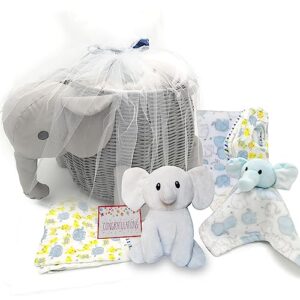 baby shower gifts - new baby newborn essential gift basket, beautiful elephant theme gift wrapped for a boy or girl, all in one registry essential stuff for boys or girls, includes card perfect set