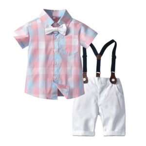 moyikiss studio baby boys gentleman outfit suits, infant boys short pants set, short sleeve shirt+suspender pants+bow tie (pink, 120/5years)