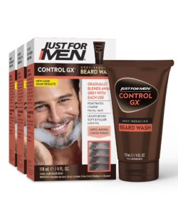 just for men control gx grey reducing beard wash shampoo, gradually colors mustache and beard, leaves facial hair softer and fuller, 4 fl oz - pack of 3 (packaging may vary)