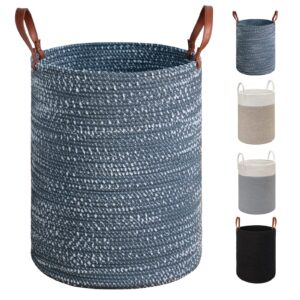 totanki large cotton rope laundry storage basket - 15.7 inches(d) x 19.7 inches(h) - collapsible woven basket with leather handles for storing clothing, diapers, toys (blue)