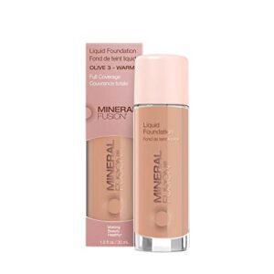 mineral fusion full coverage foundation, liquid foundation - olive 3- medium complexion w/olive/green undertones, lightweight matte finish, up to 12 hr hydration, hypoallergenic & vegan, 1 fl. oz