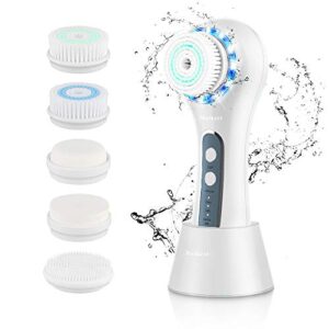 malkert facial cleansing brush with 5 brush heads, 3 modes skin care brush device, electric rechargeable waterproof face spin brush, massager for deep cleansing and scrubbing, exfoliating