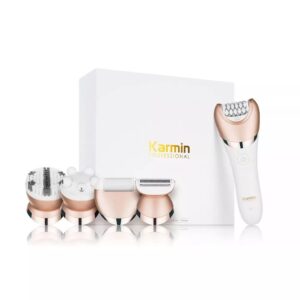 karmin 5 in1 wet dry epilator for women hair removal, cordless electric shaver, trimmer, facial, body, arm, leg hair remover, usb rechargeable, waterproof, shave, exfoliate, smooth, buff, massage