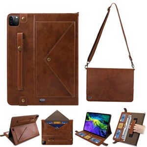 apoll case for ipad pro 12.9 inch 6th/5th/4th generation, ipad pro 12.9 2022/2021/2020 cover, pu leather auto wake/sleep handle strap crossbody/shoulder strap handbag case for ipad pro 12.9", coffee