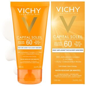 vichy capital soleil body & face sunscreen lotion, daily anti aging sunblock with broad spectrum spf 60, dermatologist recommended, oxybenzone-free, 5 fl. oz.