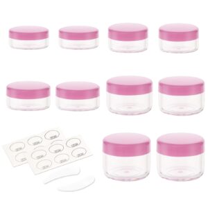 zejia 10pcs small travel containers, pink sample containers with screw lids, 5 size 3/5/10/15/20 gram sample jars with 12pcs labels and 2pcs mini disposable spatula, makeup sample containers bpa free