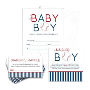 paper clever party baseball baby shower invitation bundle with blank invites with envelopes for boys diaper raffle insert bring a book cards set (25 of each) sports theme red and blue gender reveal