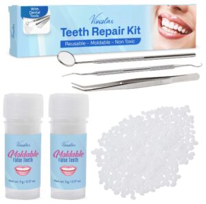 teeth repair kit, temporary teeth replacement kit, moldable false teeth, thermal fitting beads for snap on instant and confident smile, with mouth mirror, mouth tweezer, dental probe