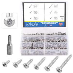 glarks 211pcs #10 x 1/2'' / 5/8'' / 3/4'' / 1" / 1-1/4'' / 1-1/2'' button head torx security stainless steel screws, 6 size tamper resistant screws assortment set with t25 bit