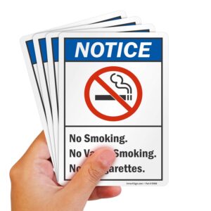 smartsign (pack of 4) 7 x 5 inch “notice - no smoking, no vapor smoking, no e-cigarettes” sticker labels with symbol, 5 mil laminated polyester with superstick adhesive, multicolor, made in usa