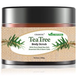 chamuel tea tree body & foot scrub - 100% natural exfoliating body scrub with dead sea salt, plant-based stem cells, ginger & essential oils– rejuvenates & soothes dead & dry skin (15.1oz)