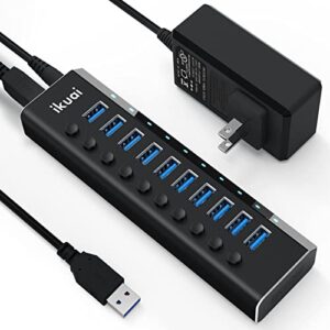 powered usb hub 3.0 ikuai aluminum 10 port usb 3.0 data hub splitter with 12v/3a 36w power adapter and individual on/off switches for desktop pc laptop and more