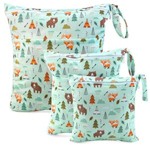 ceekii wet dry cloth diaper bags 3 pack washable travel bags, waterproof wet bag, baby reusable beach pool gym bag for swimsuits and wet clothes with zippered pocket and snap handle (green)