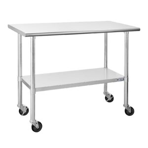 hally stainless steel table for prep & work 24 x 48 inches with caster wheels, nsf commercial heavy duty table with undershelf and galvanized legs for restaurant, home and hotel