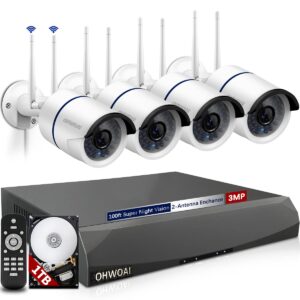 [2-antenna signal enhance & 100 ft super night vision] outdoor wireless security camera system, wifi surveillance video camera system, 4pcs 3.0mp ip cameras, 5mp 8-channel wireless nvr