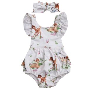 newborn toddler infant baby girls clothes christmas bambi deer romper+headband ruffle flutter sleeve bodysuit backless sunsuit birthday playsuit 2pcs outfit set white 0-6 months