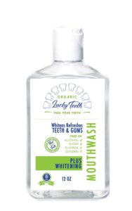 lucky teeth organic food grade peroxide mouthwash - plus whitening - whitens, refreshes. food grade peroxide + essential oils.