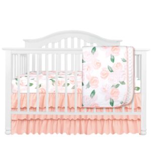 boho coral floral ruffle skirt baby minky blanket peach floral nursery crib skirt set baby girl crib bedding feather blanket (blush watercolor floral, 3pc set)