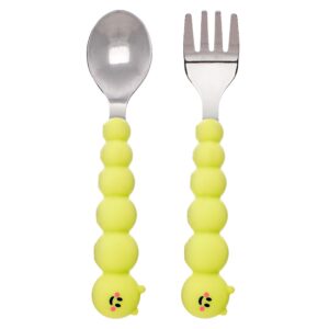 melii caterpillar spoon and fork utensil set for toddlers - bpa-free silicone and stainless steel kids utensils - ergonomic, easy-grip design for fun & safe eating for children