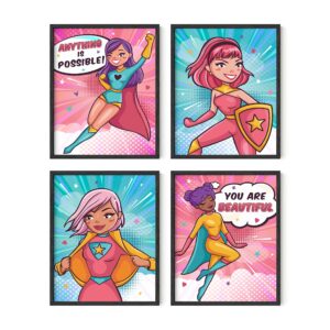 haus and hues posters for teen girls room - set of 4 supergirl inspirational wall art prints cute girl wall decor | positive affirmation bedroom superhero motivational wall art (8"x10", unframed)