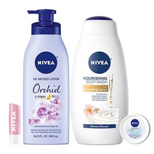 nivea in bloom variety pack – 4 piece with body lotion, body wash, lip balm, and multipurpose cream