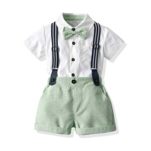 joycebaby baby boys gentleman outfits suits short sleeve bowtie shirt+suspender shorts clothes set overalls(110/3-4 years, green)