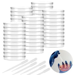 50 pack plastic petri dishes with lid, 90mm dia x 15mm deep sterile petri plates with 100 pack 3 ml plastic transfer pipettes, petri dish set for lab, experiment, biology, microbiology studies