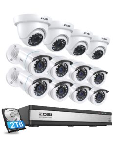 zosi 1080p 16 channel security camera system, h.265+ 16 channel dvr with hard drive 2tb and 12 x 2mp weatherproof surveillance cctv bullet dome camera outdoor indoor, 80ft night vision, 90° view angle